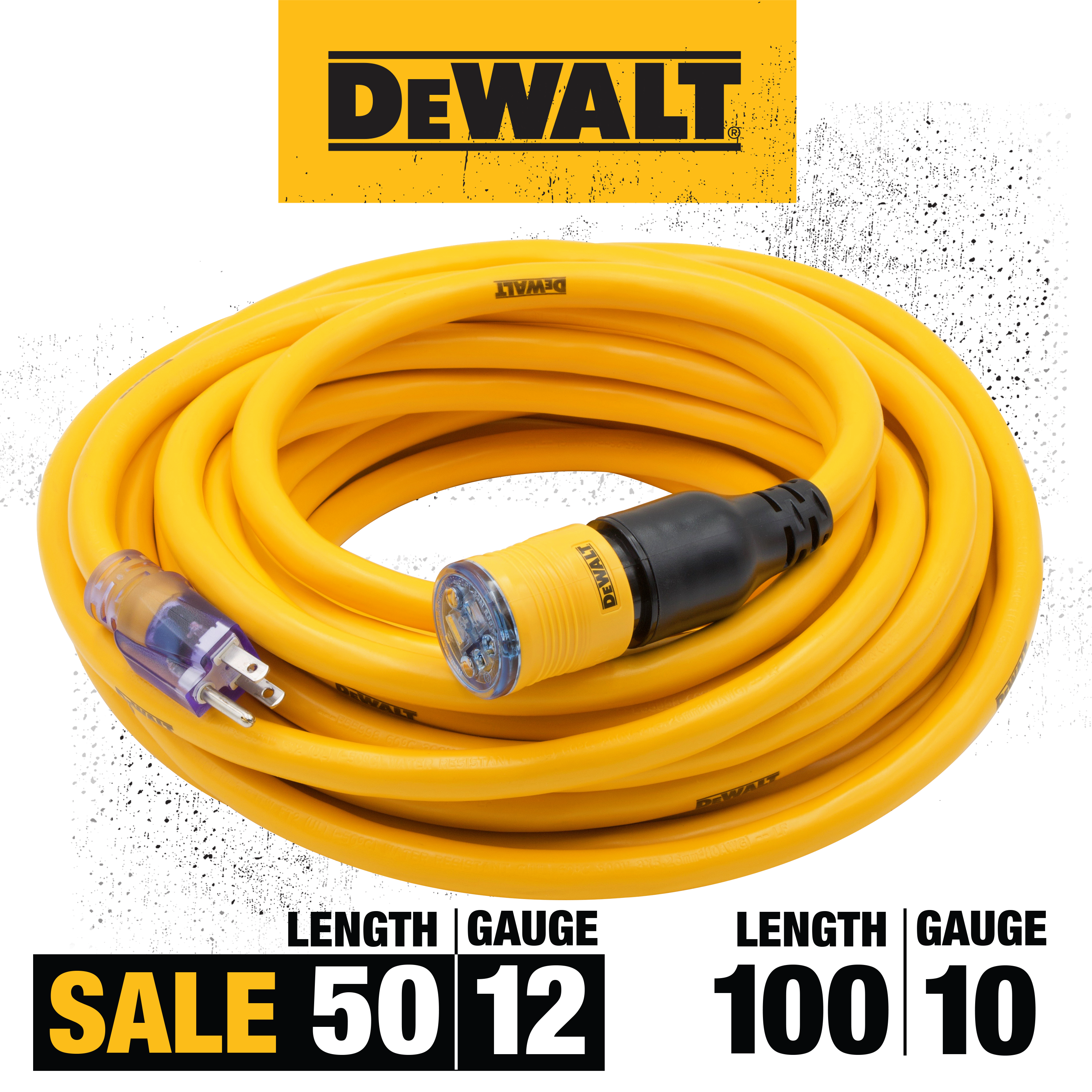 DEWALT 50-100 foot Lighted Click-to-Lock CGM Extension Cord 15A – Bad ...